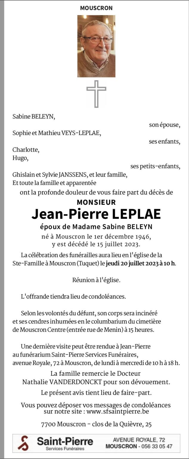 Jean-Pierre Leplae - Centre Funéraire Saint Pierre à Mouscron